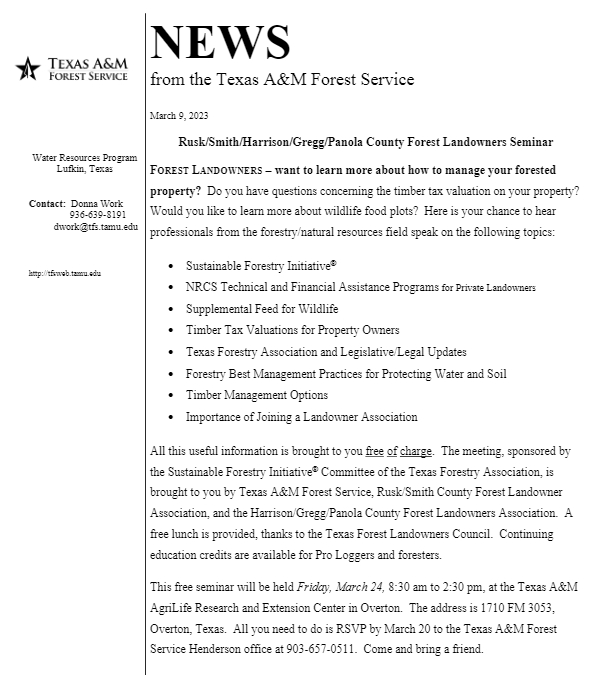 Forest Landowner Seminar for the landowners of Harrison, Gregg, Panola ...