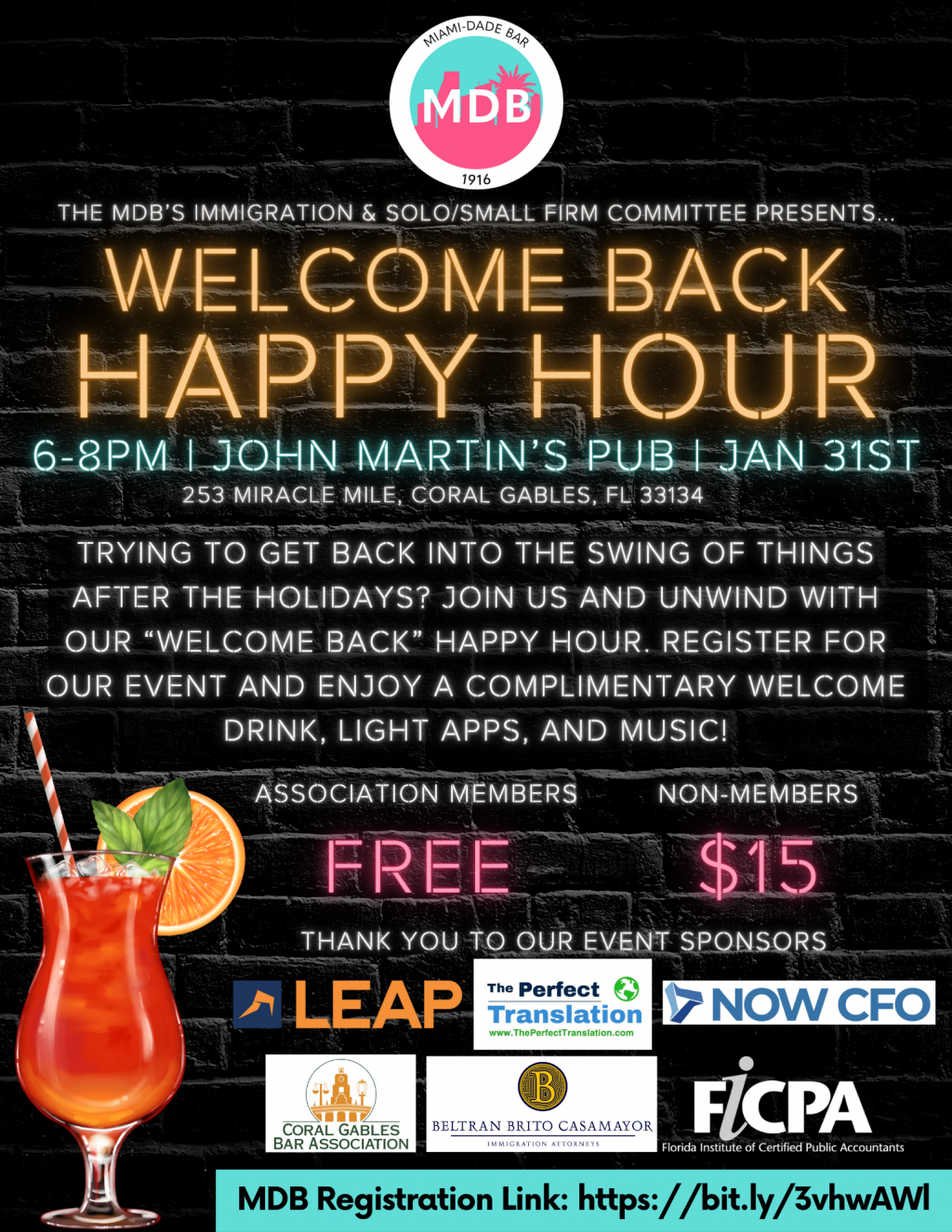 Image for Immigration + Solo/Small Firm Committee: Welcome Back Happy Hour