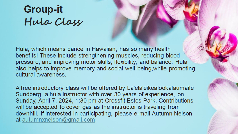 Group it = Hula Dance lesson – The Estes Park Newcomers Club