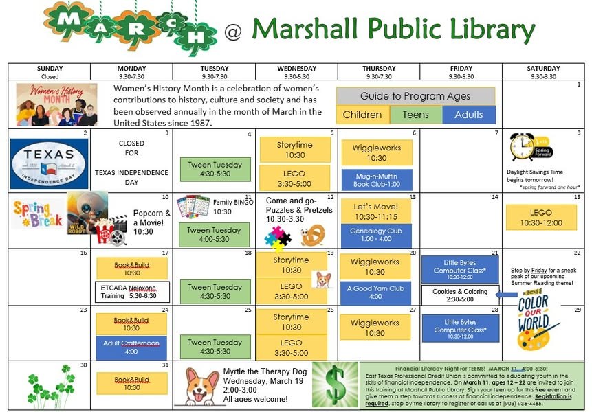 Marshall Public Library March Calendar - Greater Marshall Chamber of ...
