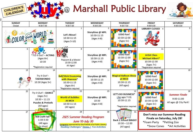 Marshall Public Library Summer Calendars - Greater Marshall Chamber of ...