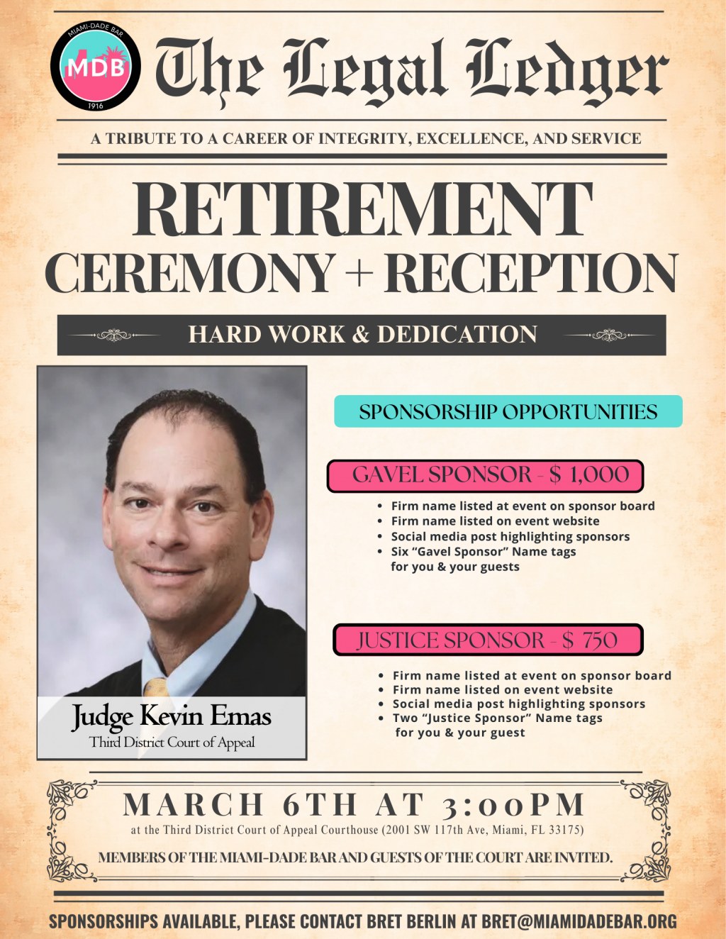 Image for MDB: Retirement Ceremony + Reception for Judge Kevin Emas